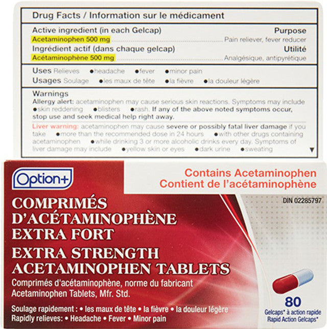 Option+ Extra Strength Acetaminophen 500mg 80 Gelcaps – Pharmacy For Life